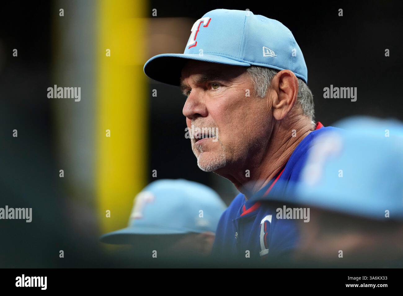 Texas Rangers manager Bruce Bochy watches from the dugout during the ...