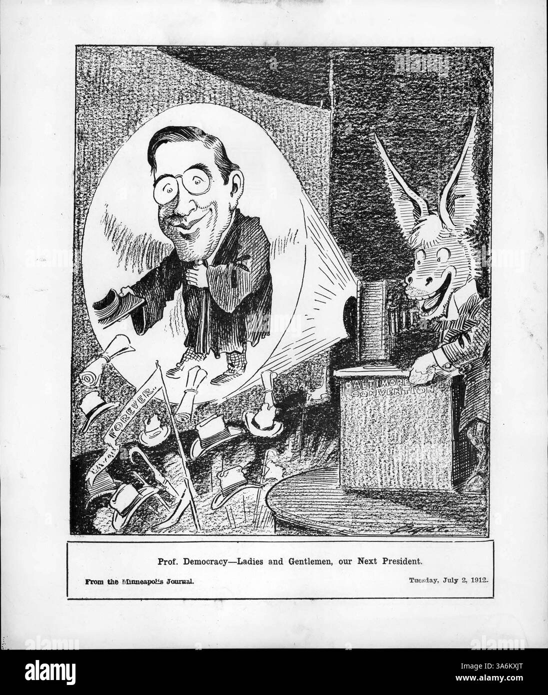 This political cartoon depicts the Democratic donkey presenting Woodrow ...