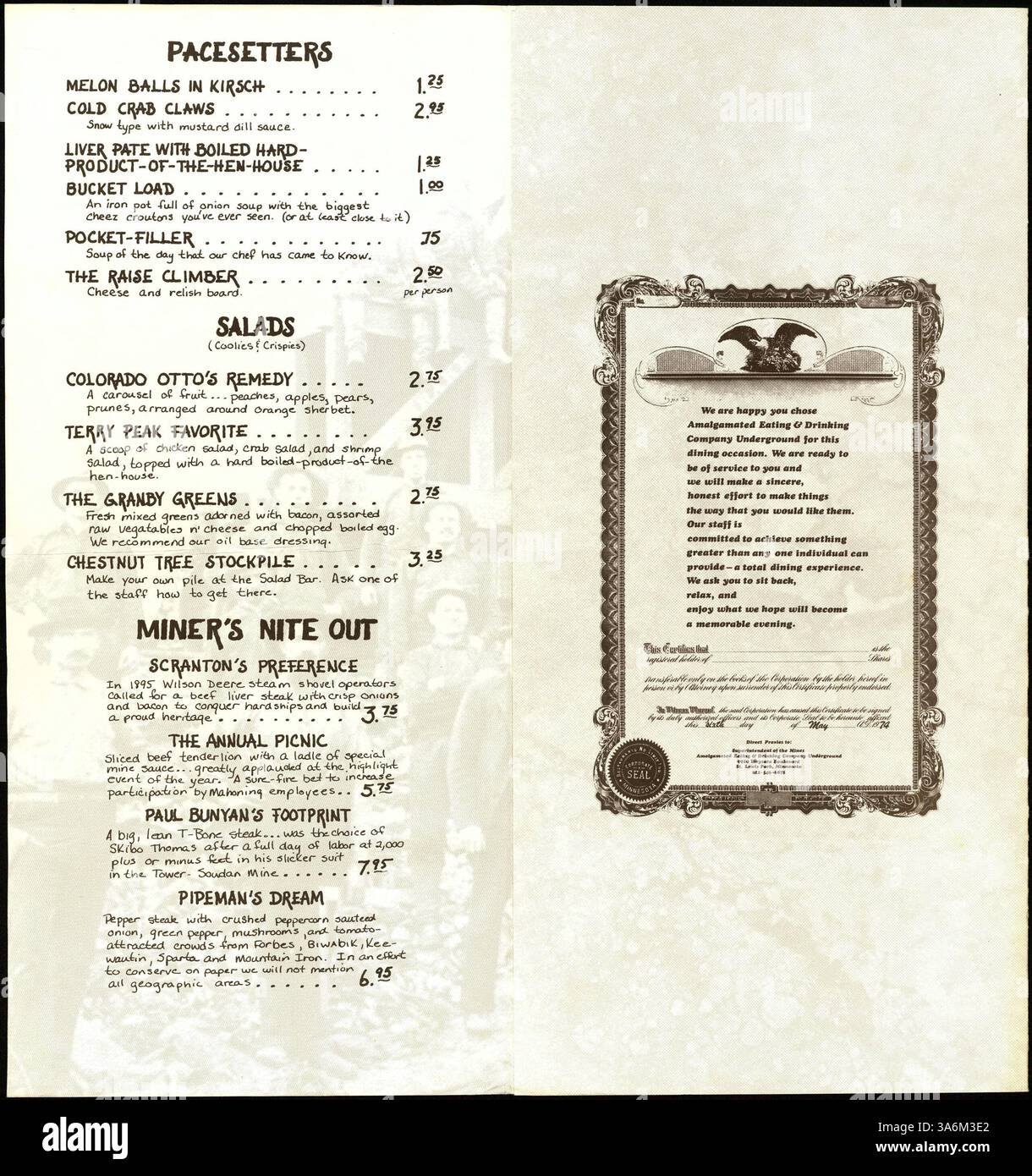 The menu from the Amalgamated Eating and Drinking Company Underground ...