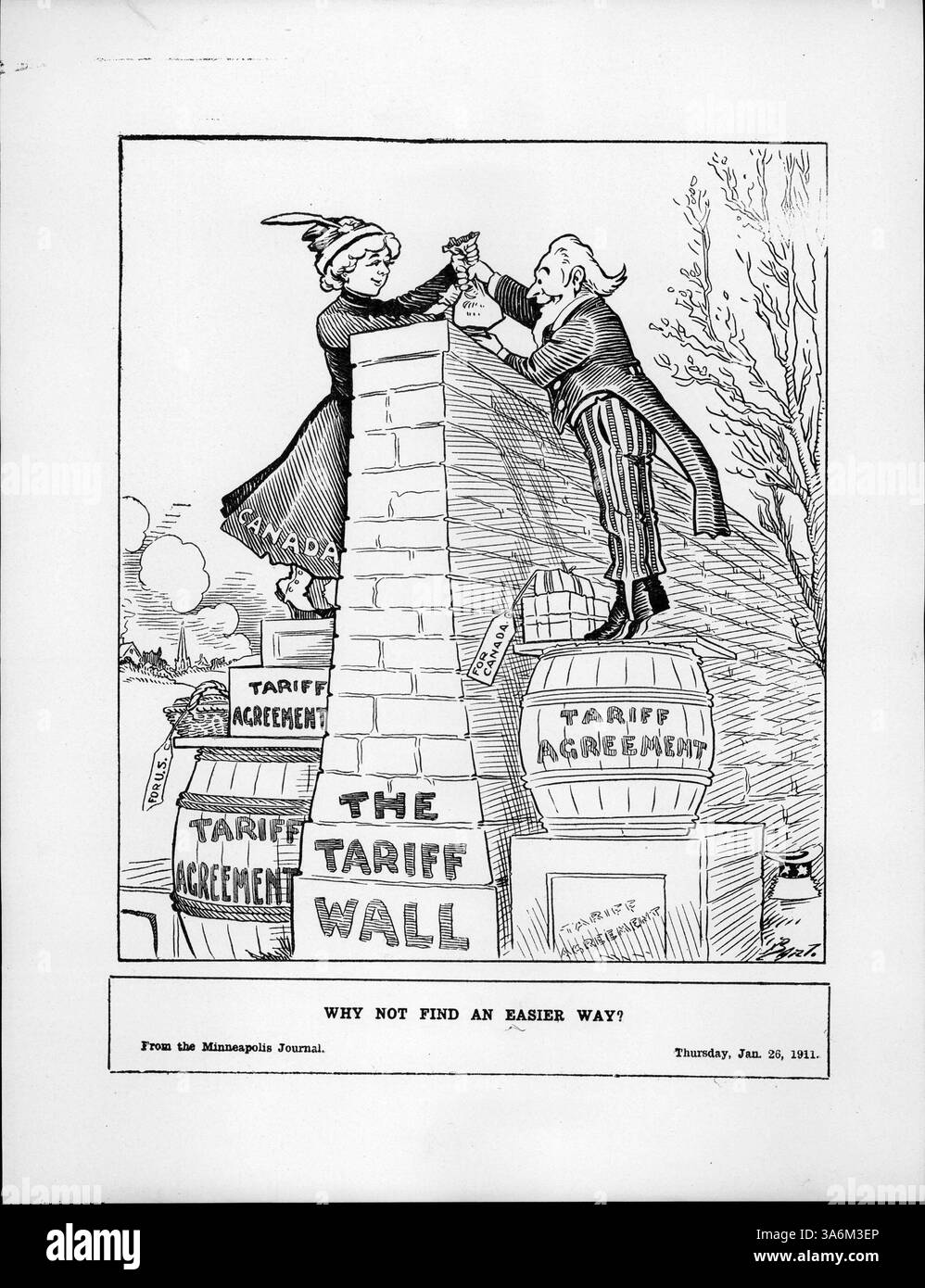 A political cartoon features Uncle Sam and Miss Canada trying to share ...