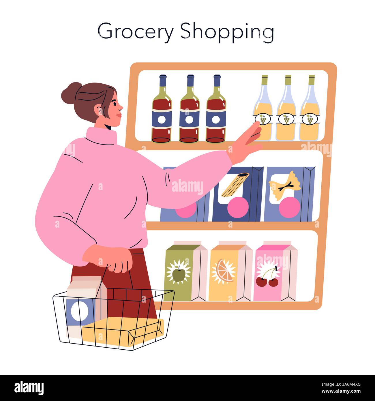 A woman engaged in grocery shopping, selecting items from a neatly organized shelf filled with ...