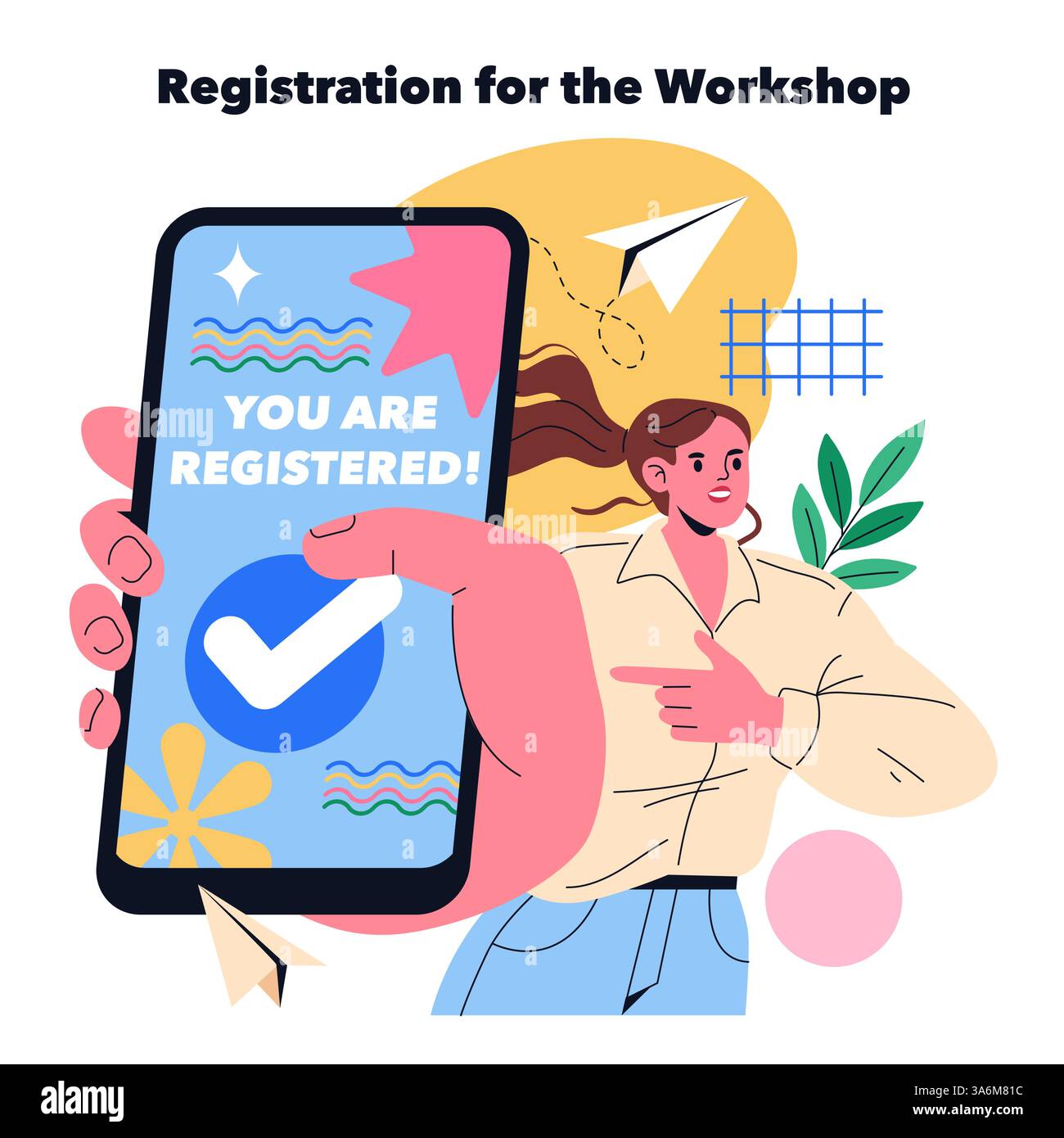 Workshop registration process illustrated as a mobile screen displaying a confirmation message ...
