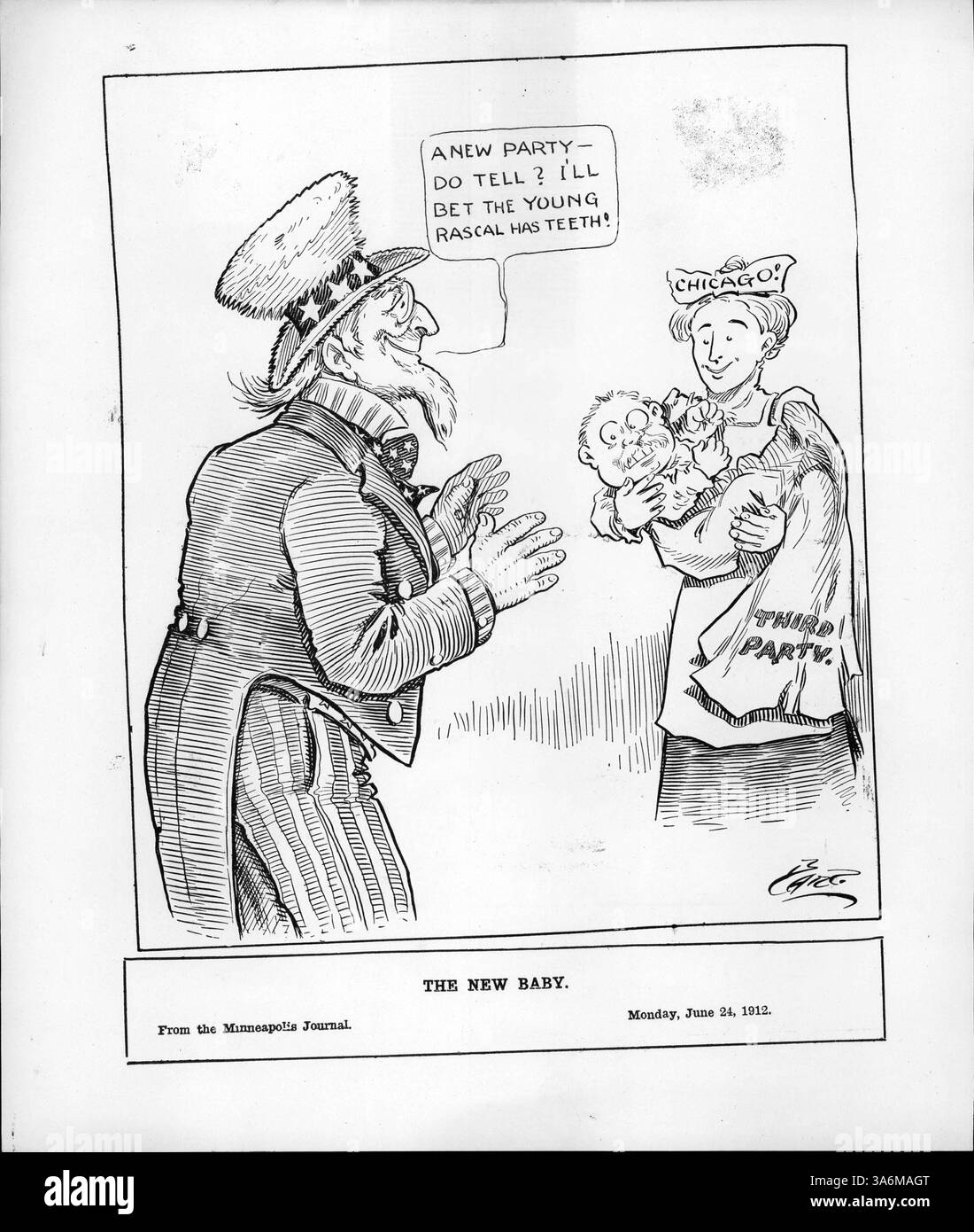 A cartoon showing Uncle Sam greeting a nurse labeled Chicago carrying a ...