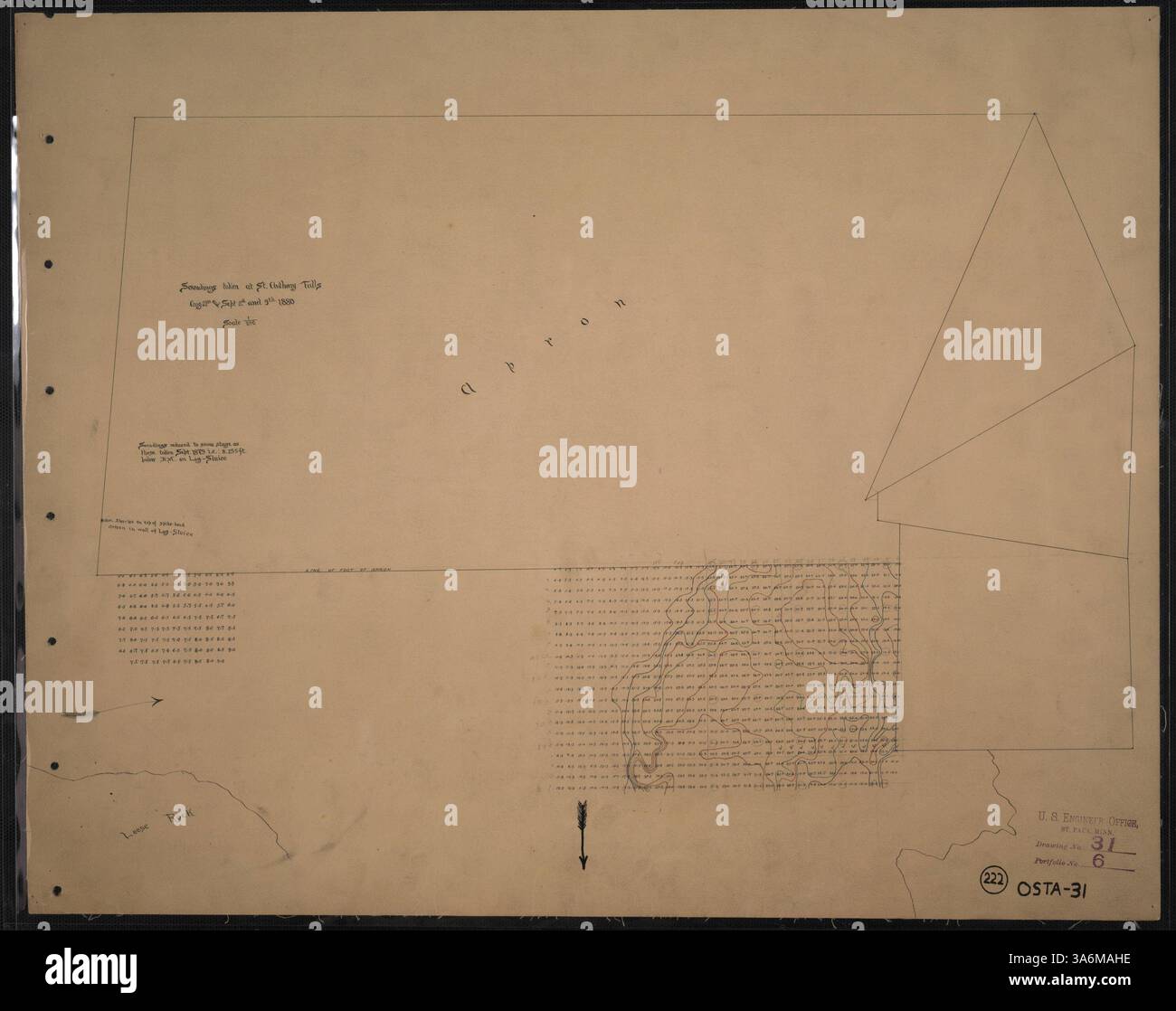 The drawing illustrates depth readings around St. Anthony Falls, taken ...