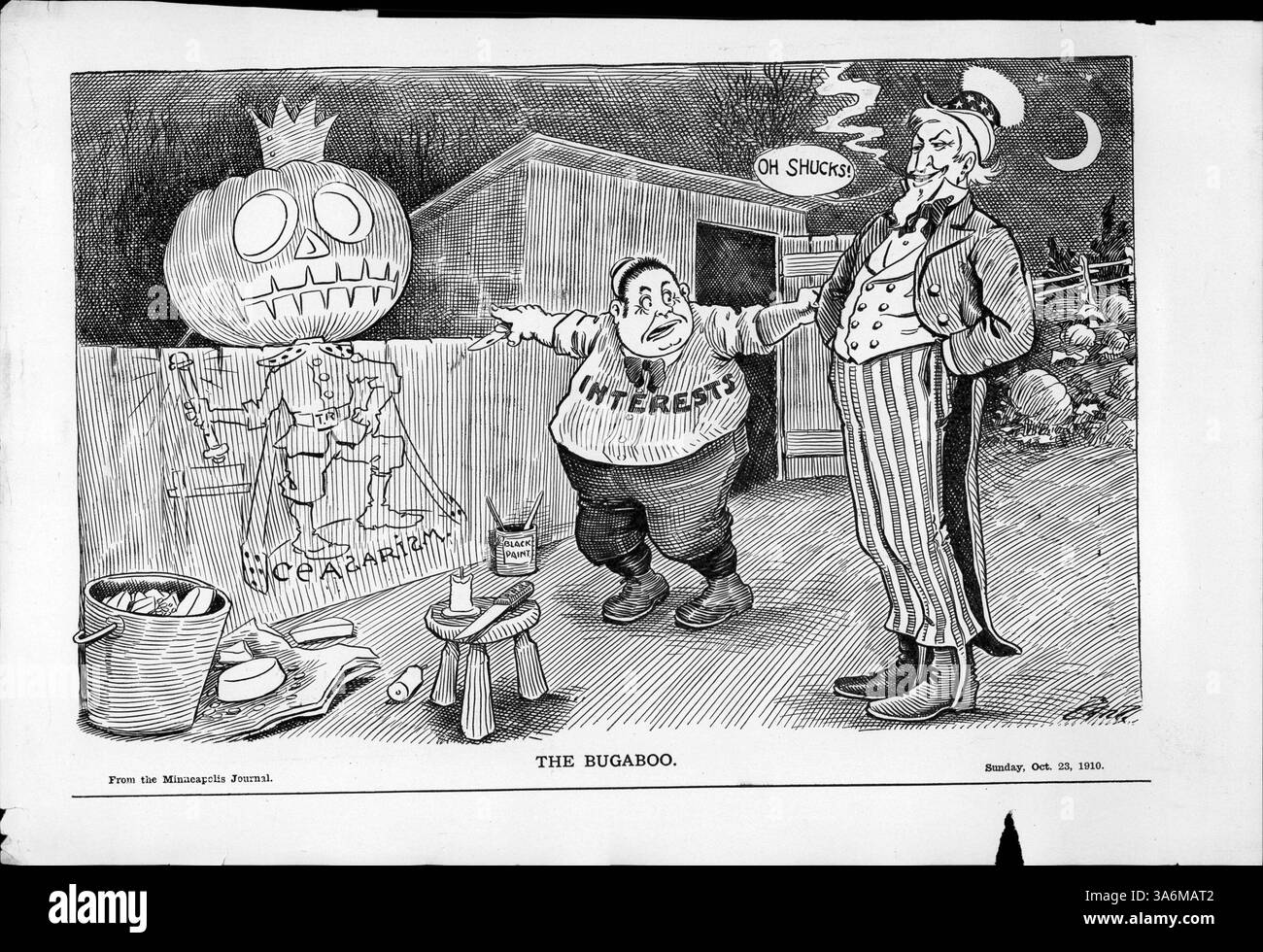The illustration shows a man named 'Interests' trying to scare Uncle ...