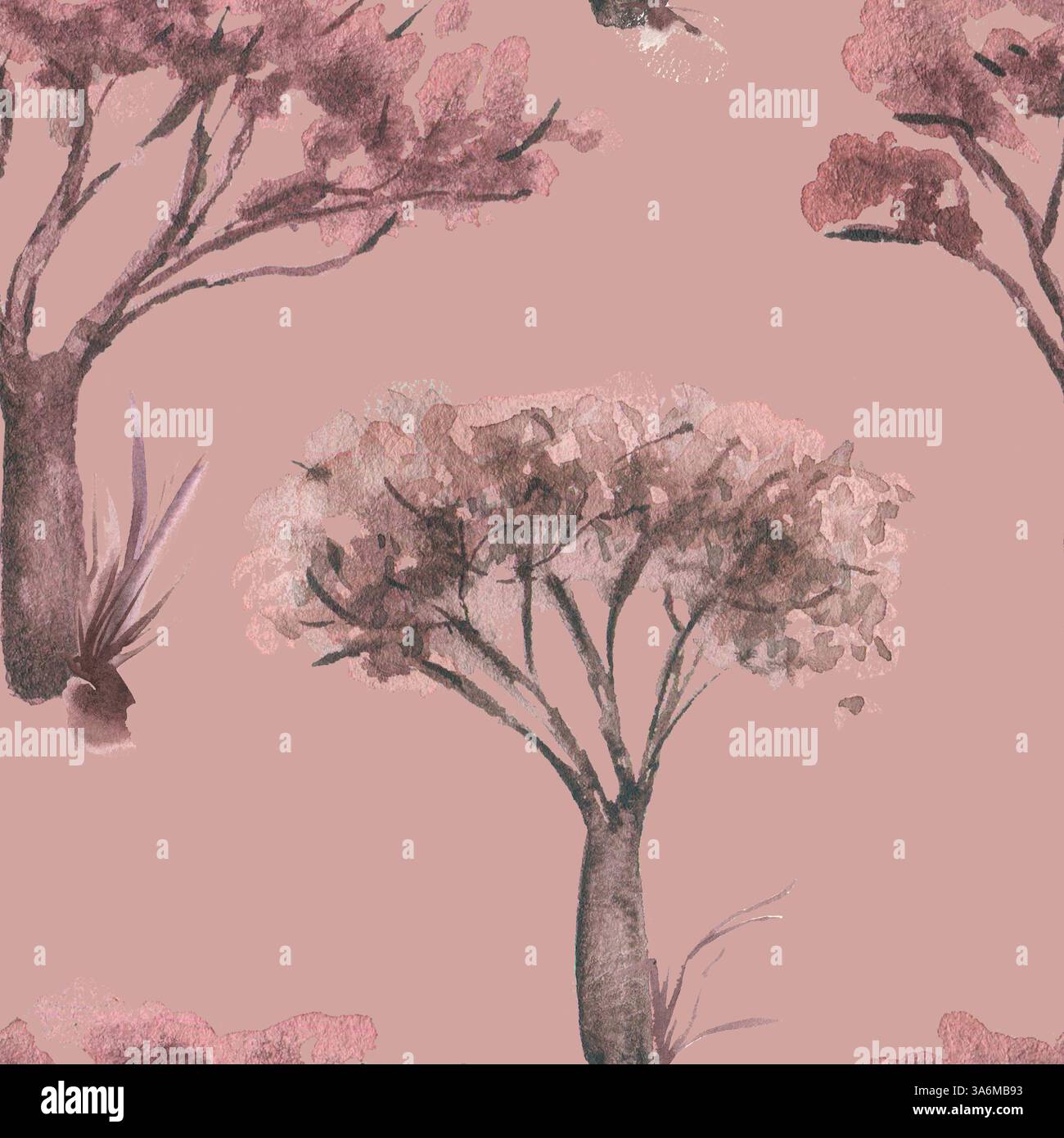 Savanna botany in warm tones on repeat background. Acacia trees brown ...