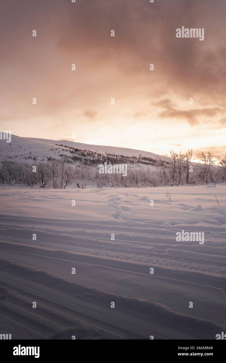 Golden hour over Swedish Lapland arctic tundra landscape in winter ...