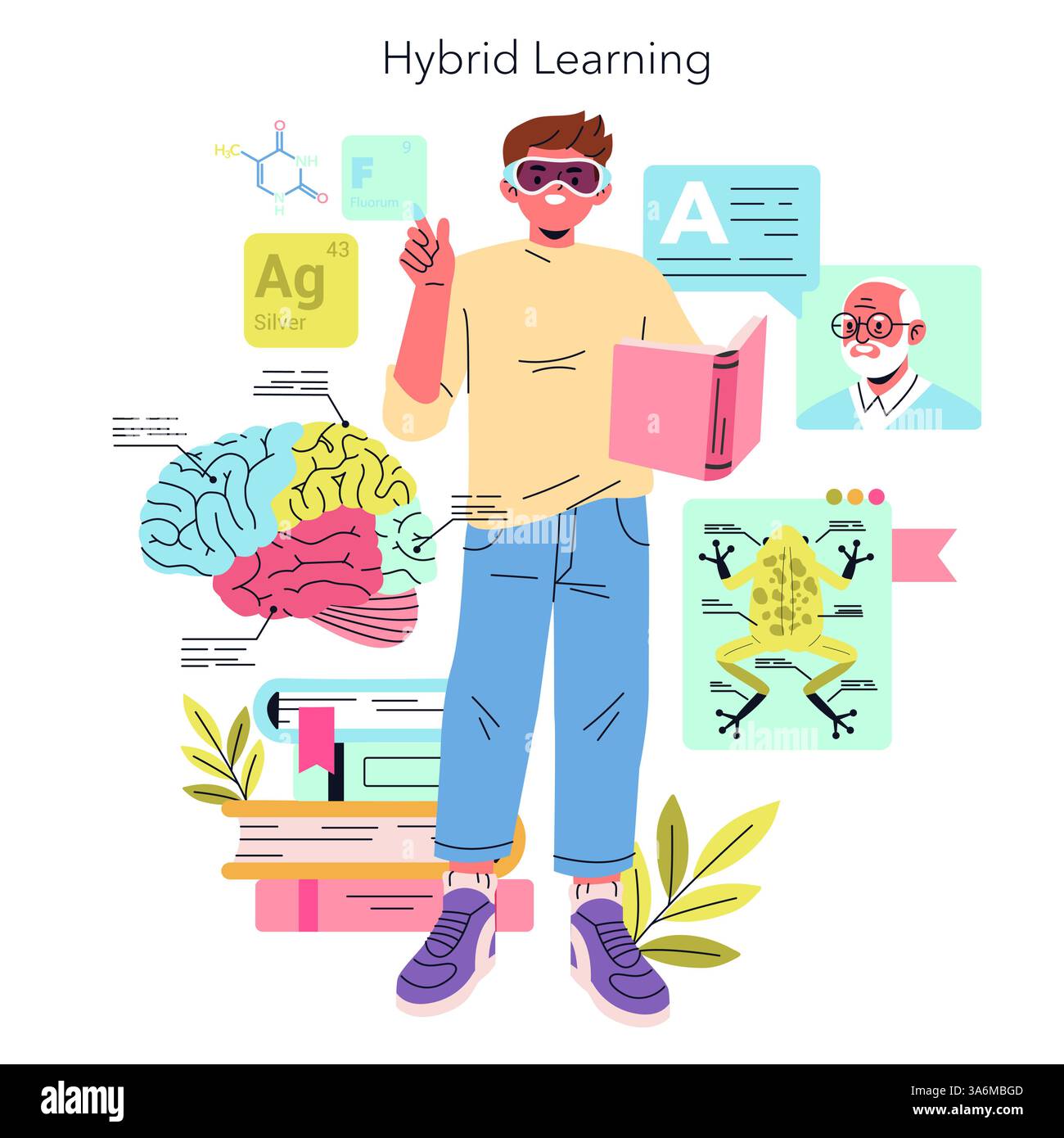 Vector illustration of hybrid learning concept. It features a student engaging with study ...