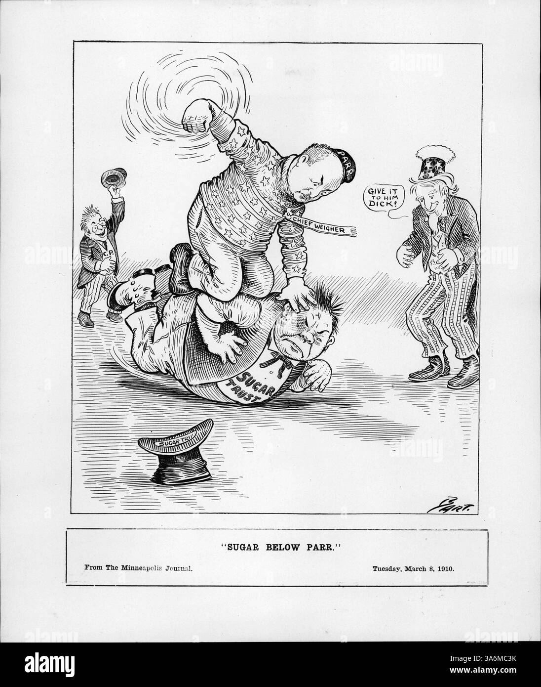 A political cartoon depicts a fight between a man labeled 'Parr' and ...