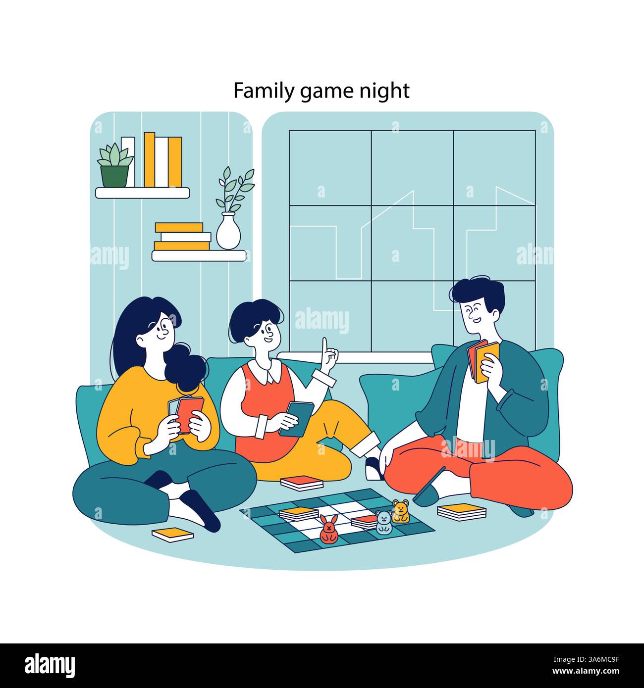 Family enjoying board game night at home, depicted in modern vector ...