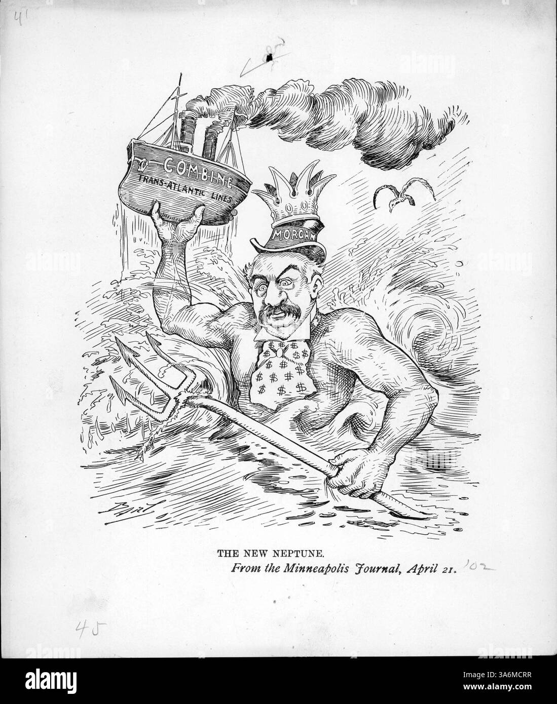 This image depicts J.P. Morgan as the king of the seas, overseeing the ...