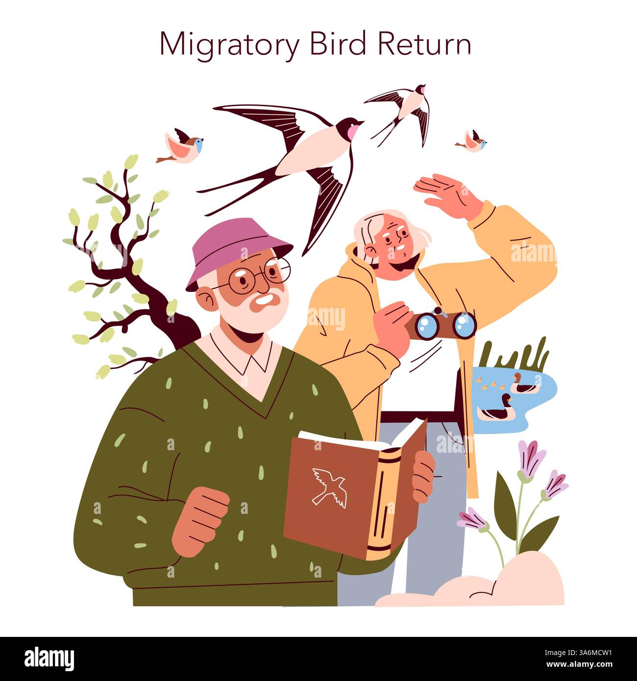 Spring Equinox symbolizes renewal as two bird watchers joyfully observe ...