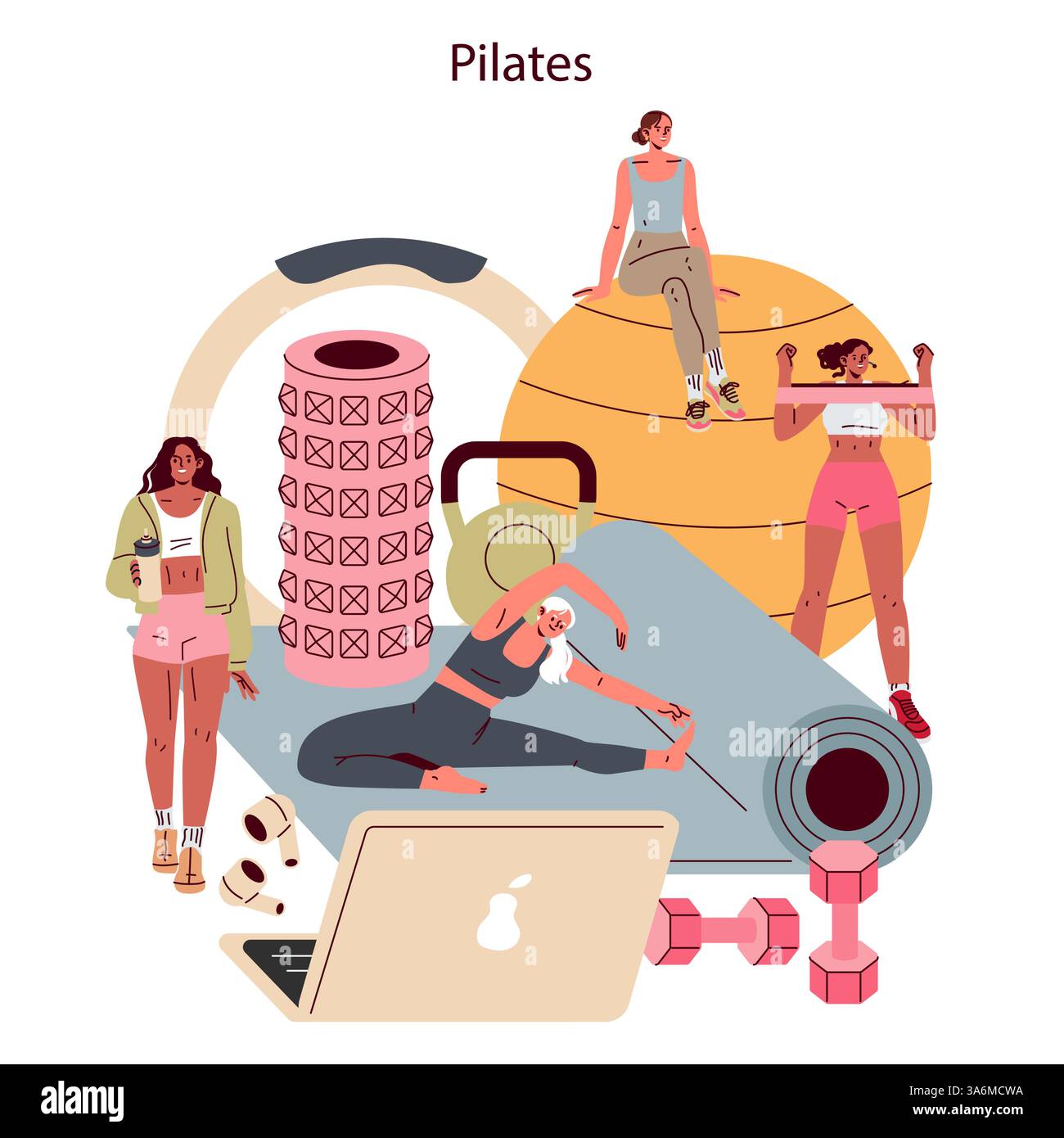 Pilates illustration featuring women engaging in various exercises with ...