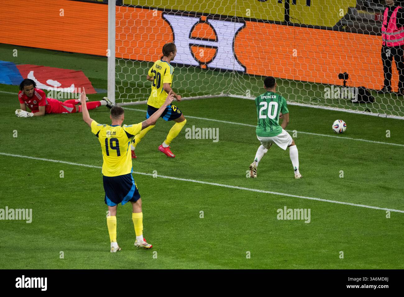 Benjamin Nygren of, Sweden. , . scores the 2-0 goal against goalkeeper ...