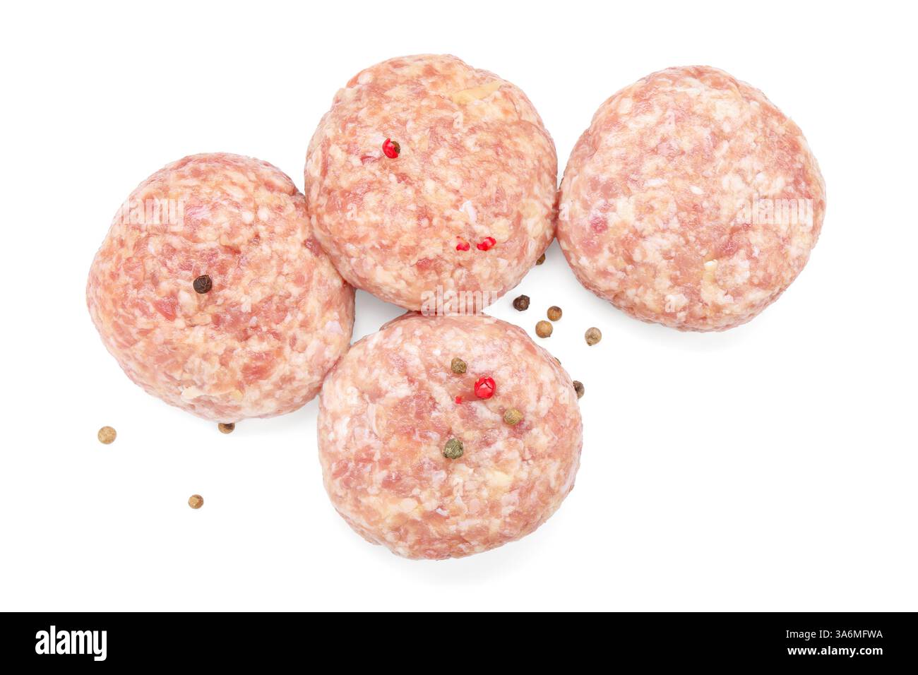 Many uncooked patties and spices isolated on white, top view Stock ...
