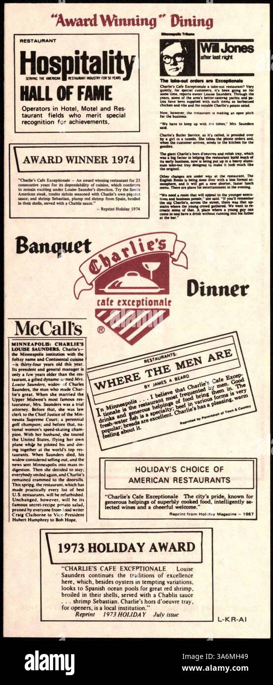 The 1976 banquet menu from Charlie's Cafe Exceptionale features a range ...
