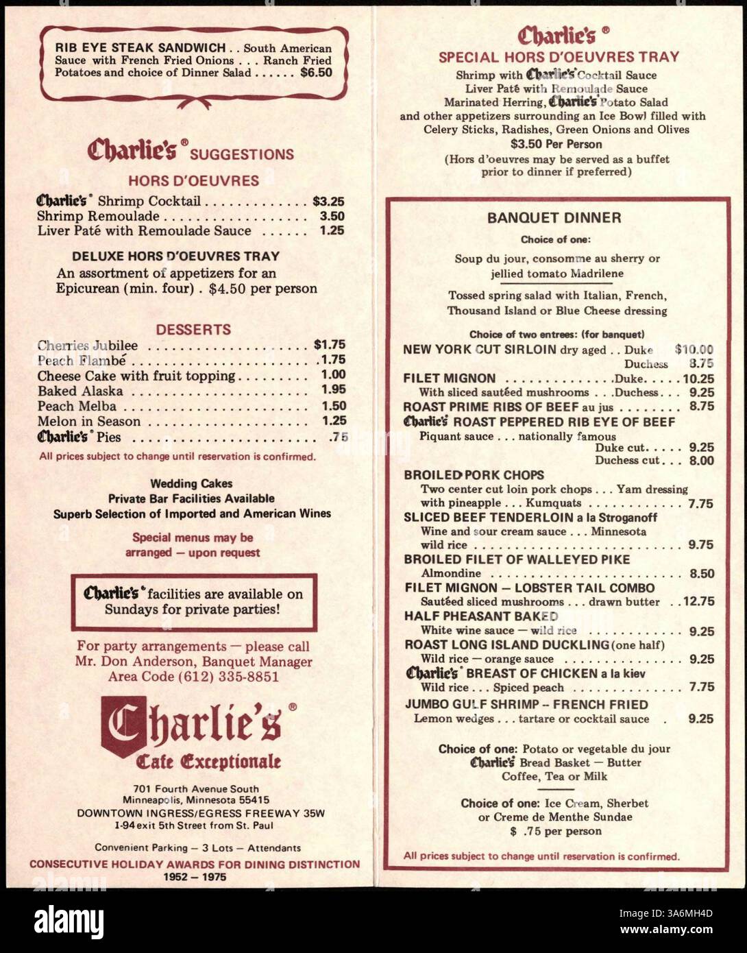 This 1976 banquet menu from Charlie’s Cafe Exceptionale showcases a ...