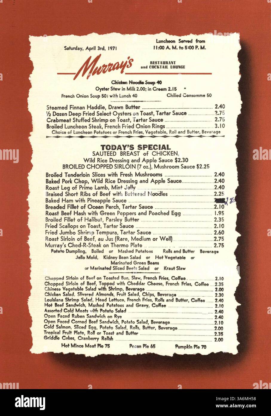 The menu from Murray’s Restaurant features a variety of steaks, seafood ...