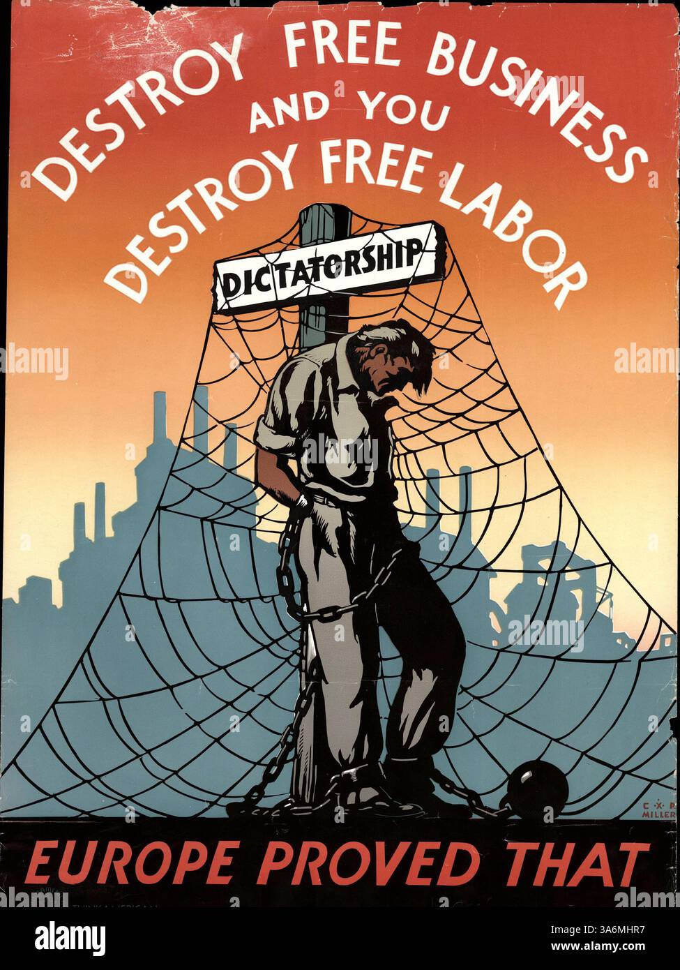 This image depicts a worker chained to a post with the word ...