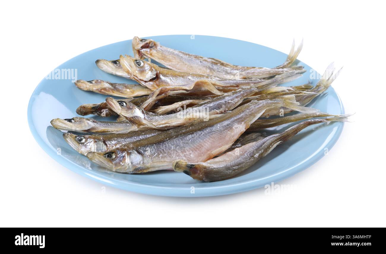 Dried salted smelt fish isolated on white Stock Photo - Alamy