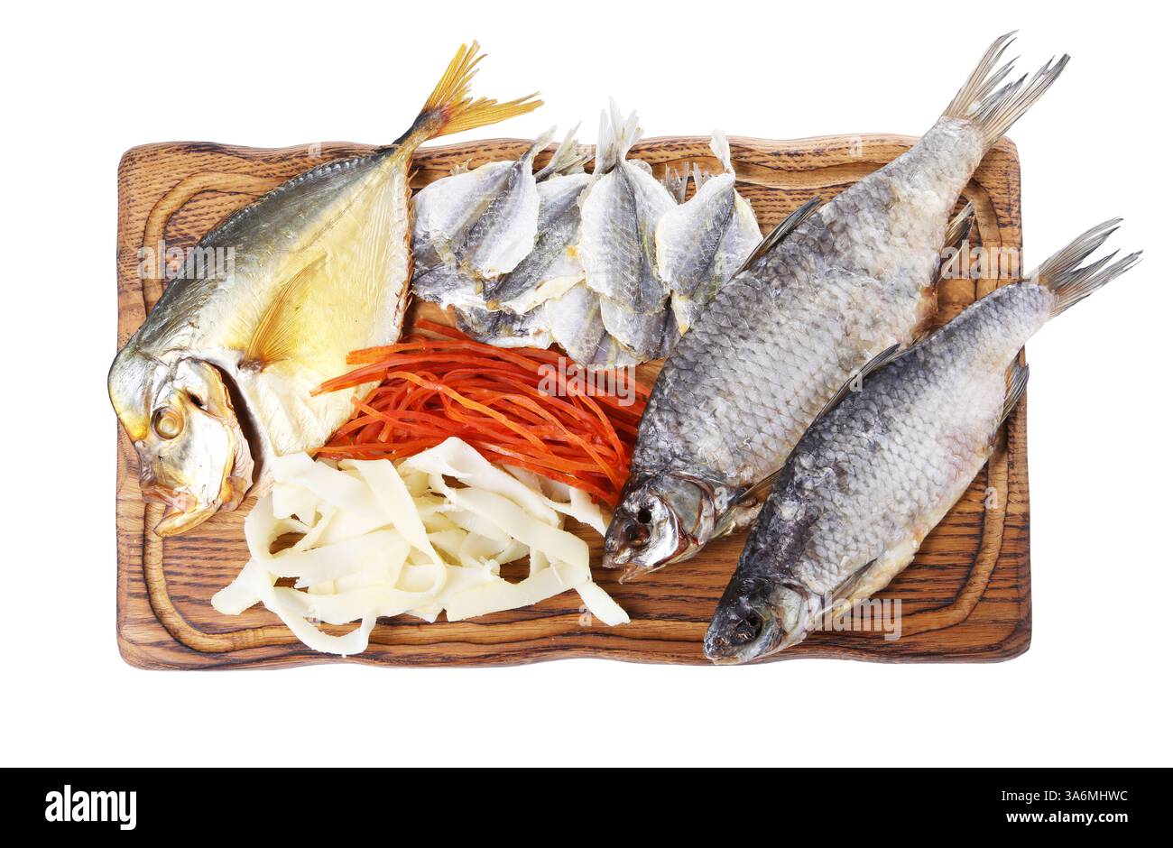 Many different dried fish snacks isolated on white, top view Stock ...