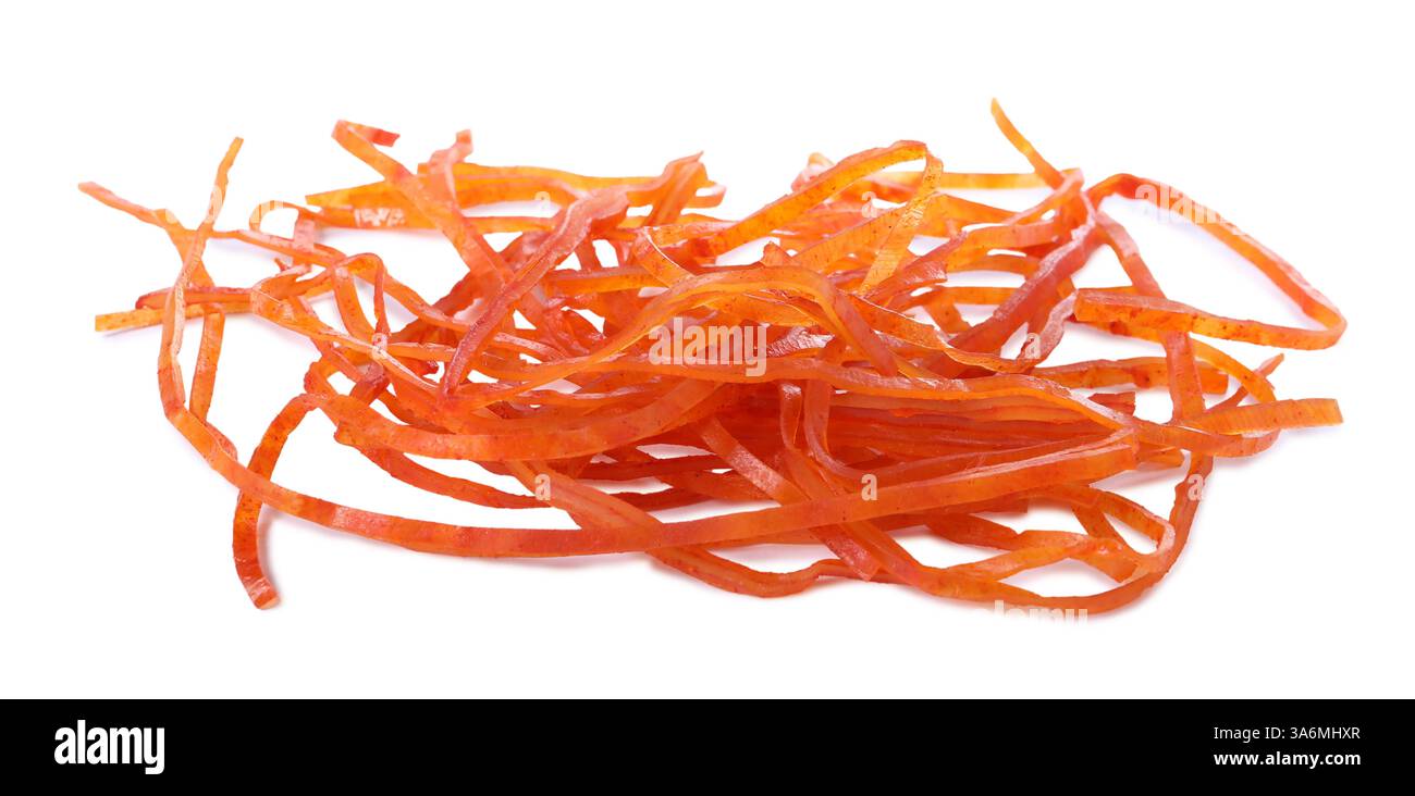 Dried spicy shredded fish snack isolated on white Stock Photo - Alamy