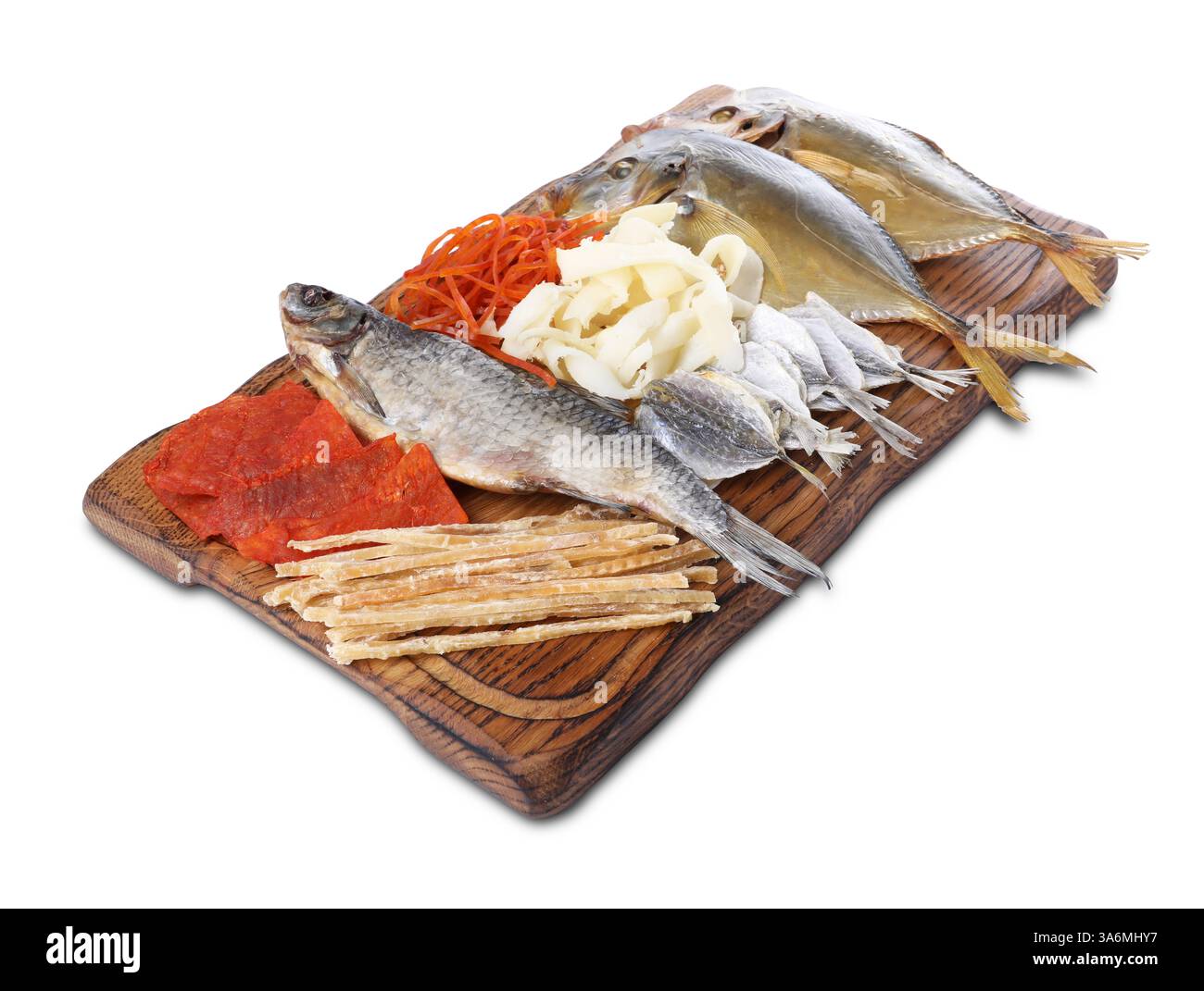 Many different dried fish snacks isolated on white Stock Photo - Alamy