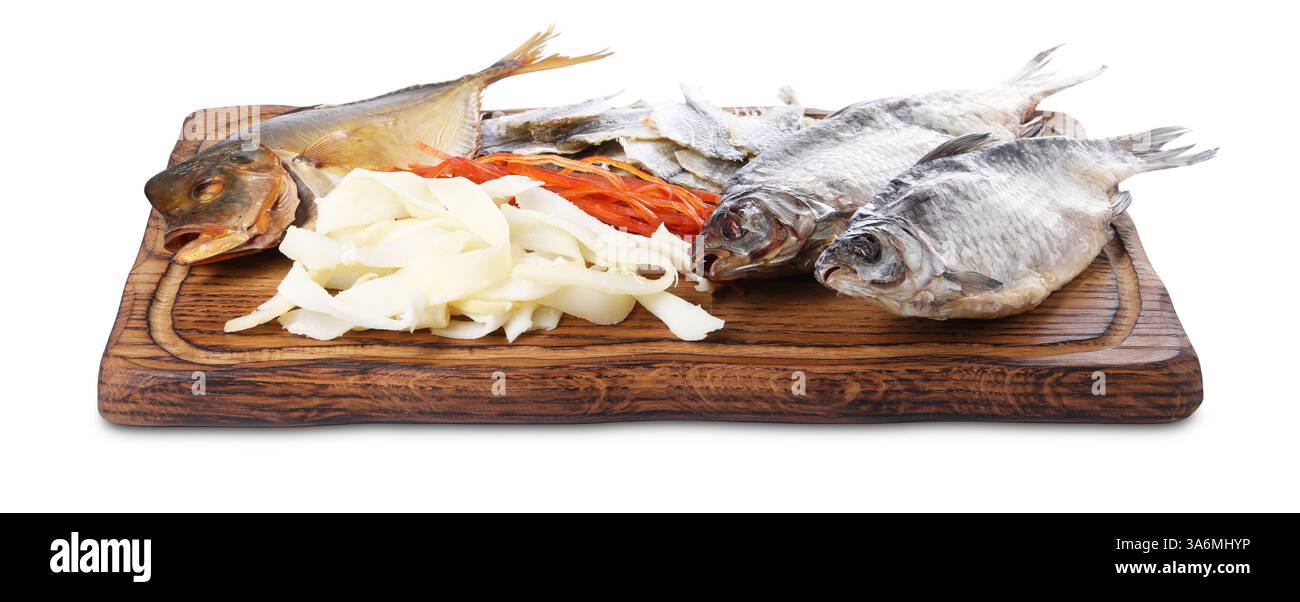 Many different dried fish snacks isolated on white Stock Photo - Alamy