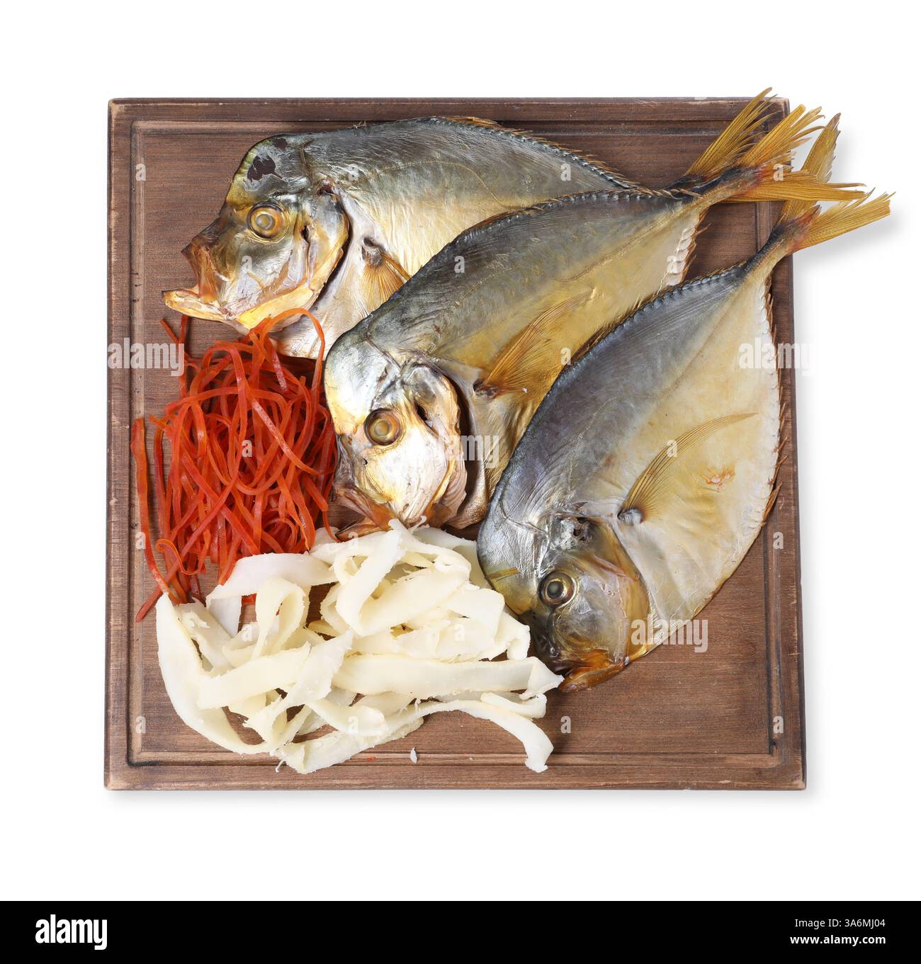 Many different dried fish snacks isolated on white, top view Stock ...