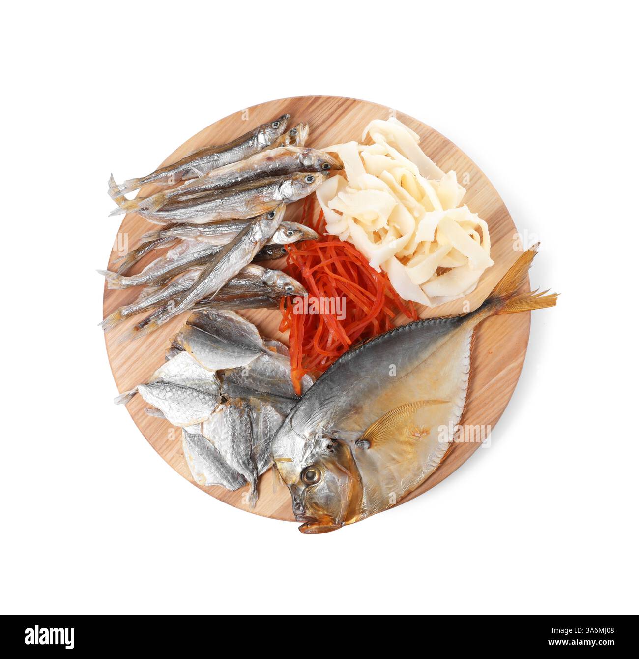 Many different dried fish snacks isolated on white, top view Stock ...