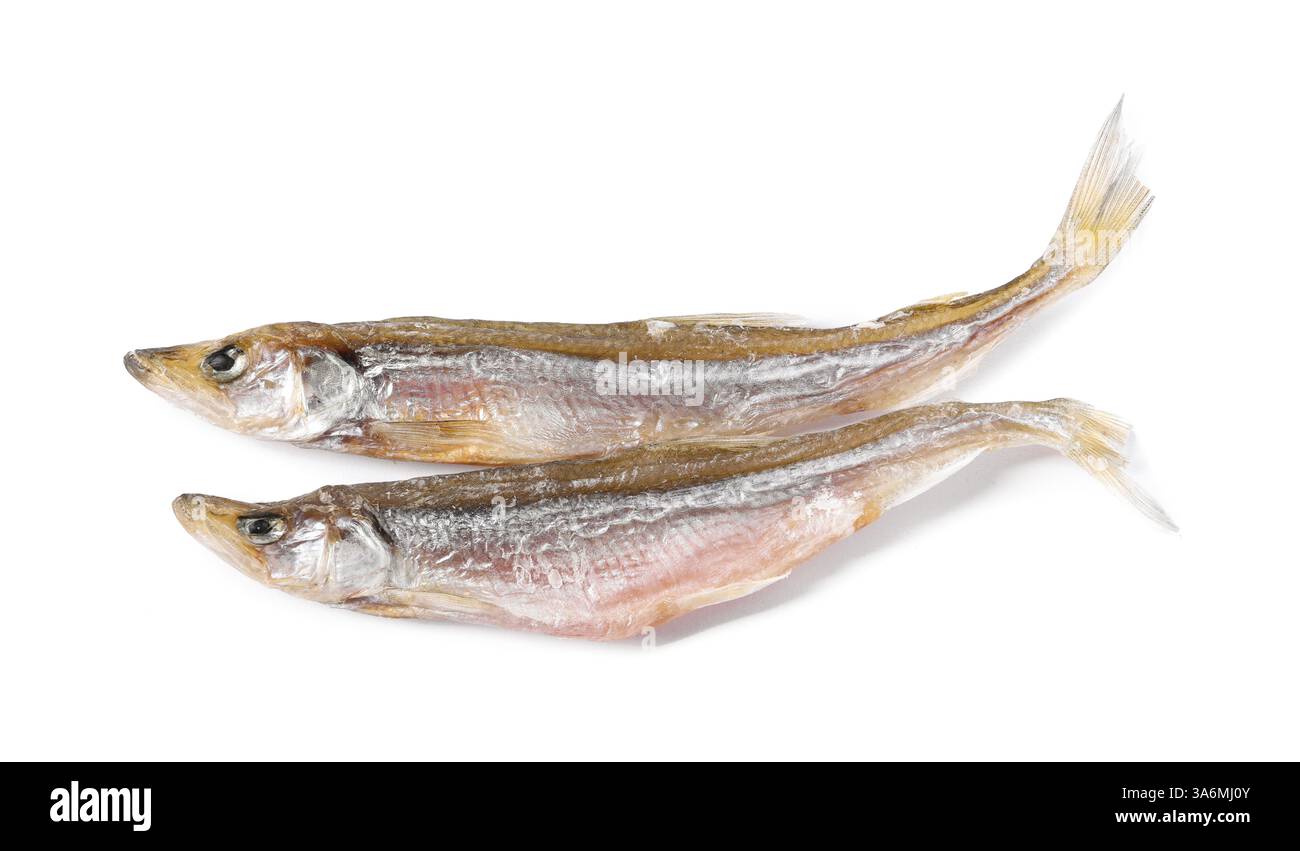 Dried salted smelt fish isolated on white Stock Photo - Alamy
