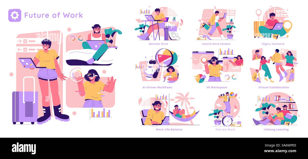 Future of Work concept. Illustration explores modern work trends like ...