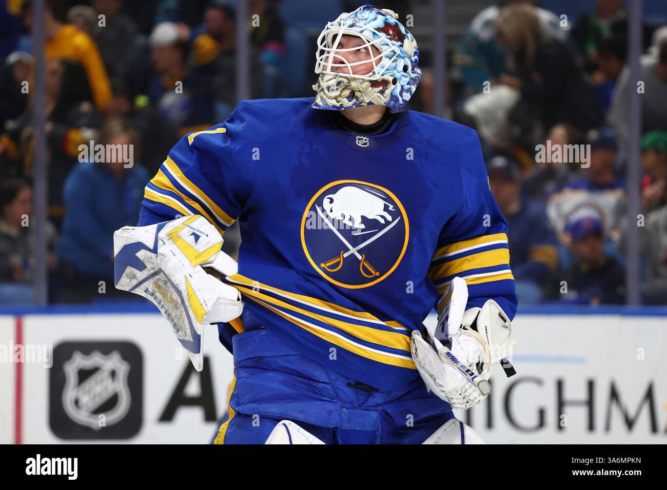 Buffalo Sabres goaltender Ukko-Pekka Luukkonen (1) looks on during the ...