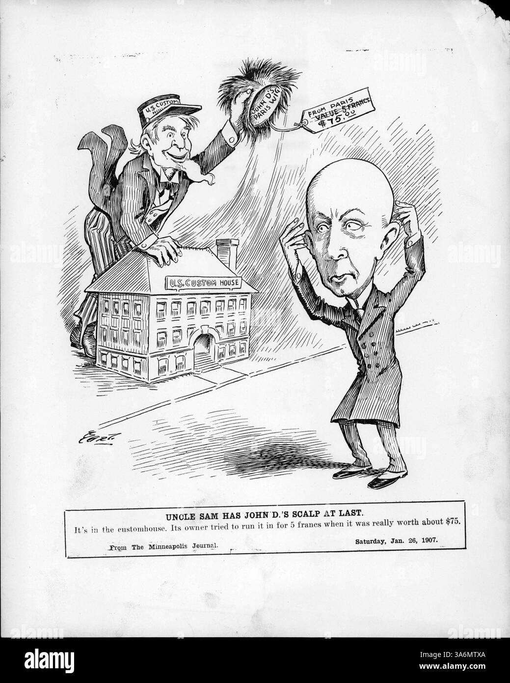 The cartoon depicts Uncle Sam triumphantly taking John D. Rockefeller's ...