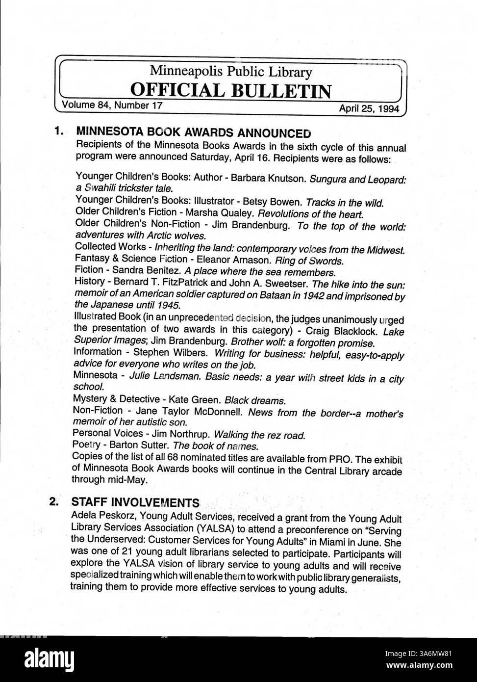 Minneapolis Public Library’s 1994 Official Bulletin serves as an ...