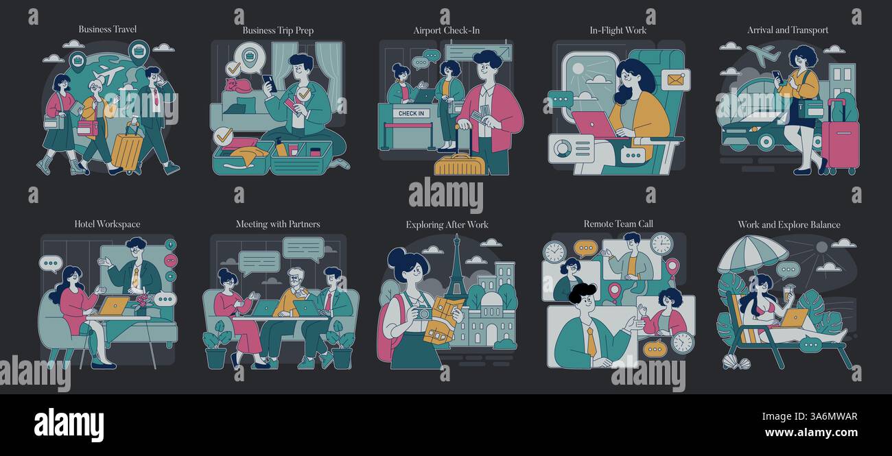 Business Travel Set. Illustrating various stages of business travel ...