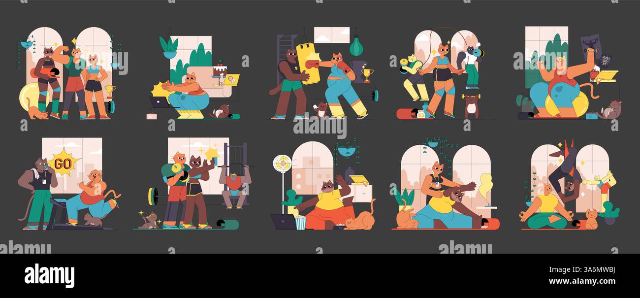 Fitness illustration featuring diverse characters engaging in various workout activities. The ...