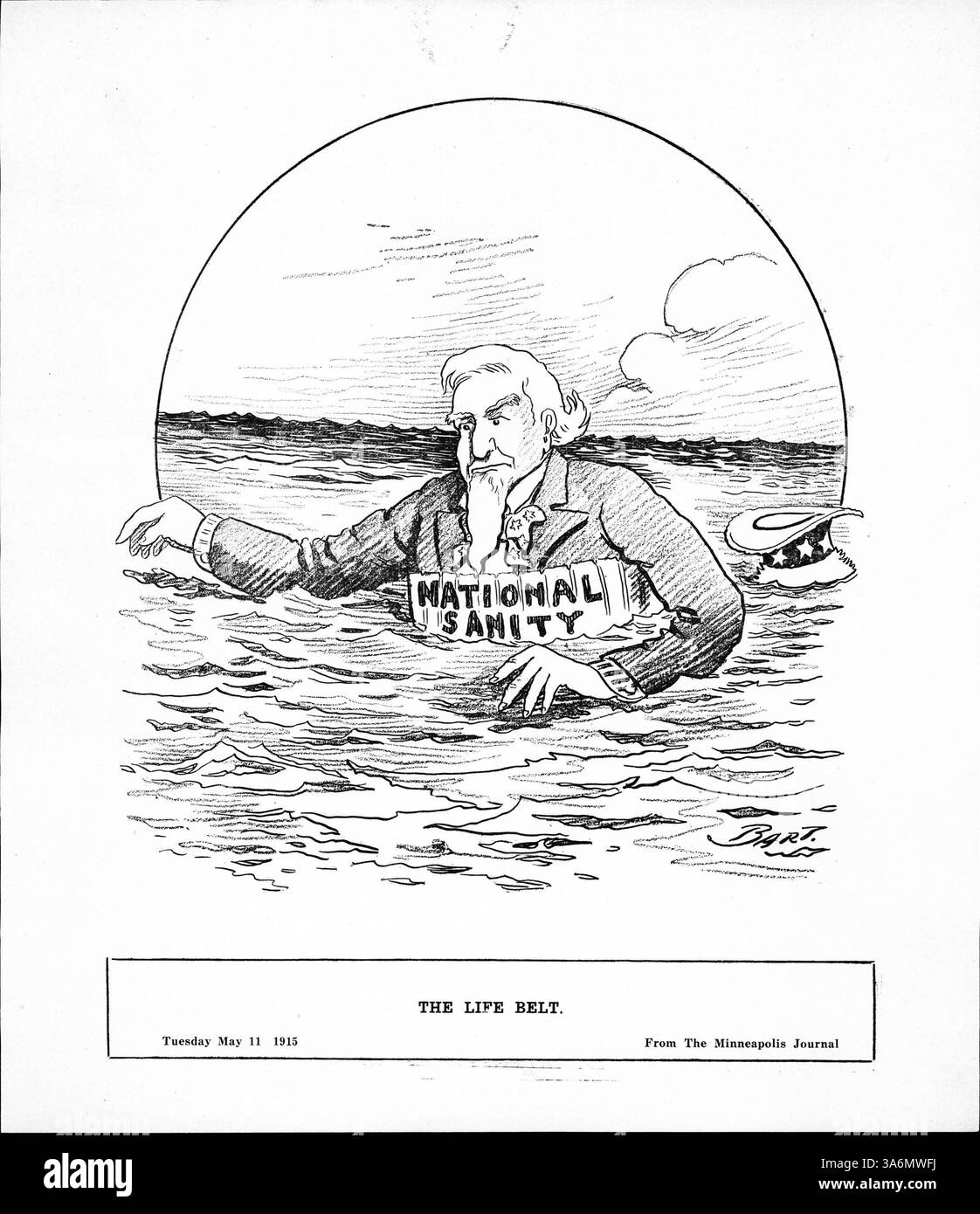 A cartoon featuring Uncle Sam floating in the ocean, supported by the ...