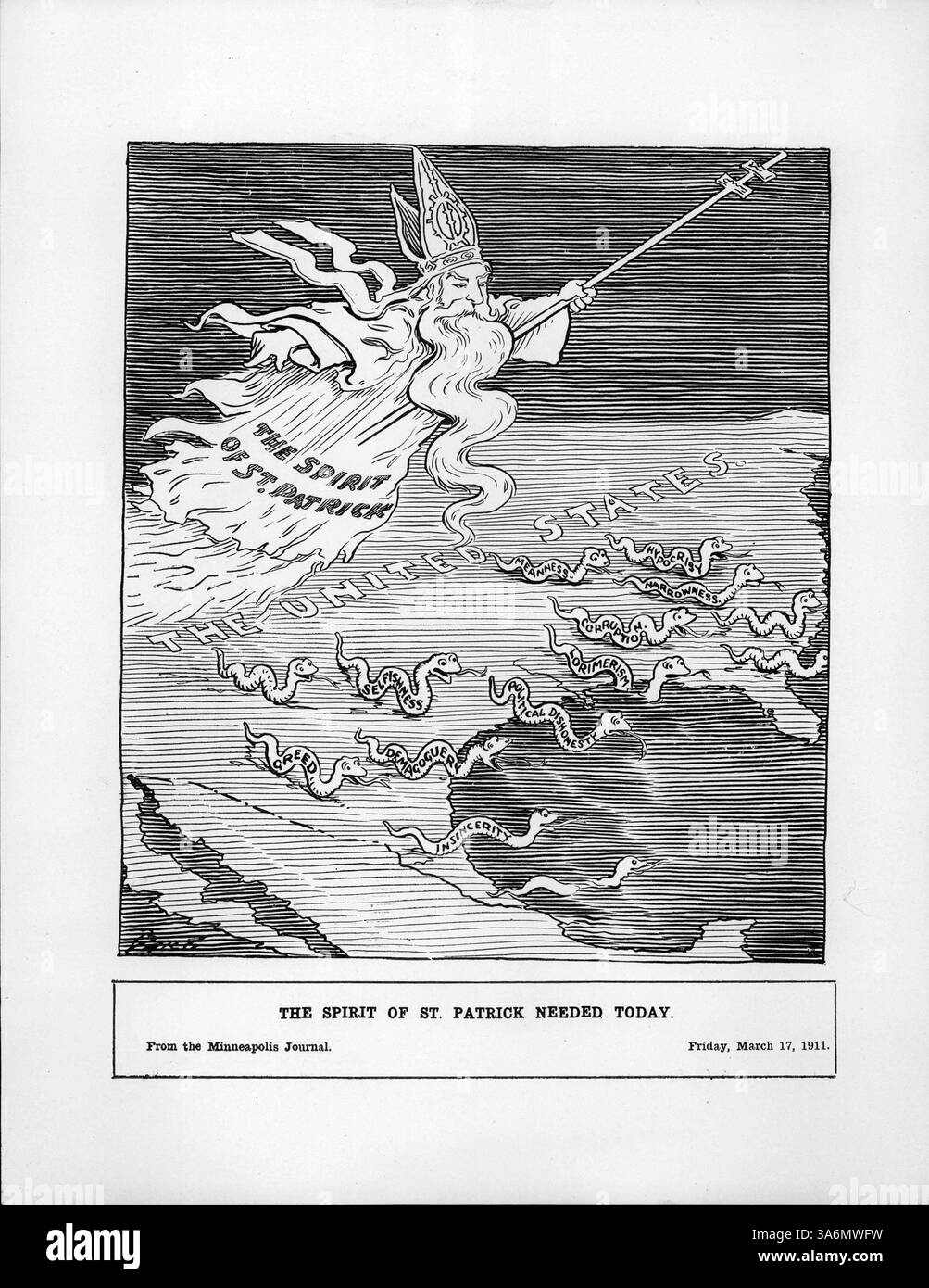 A political cartoon referencing St. Patrick's legendary act of ...