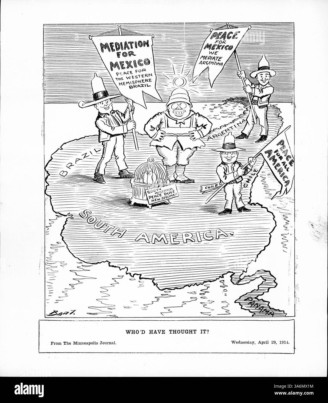 A political cartoon depicting peace efforts between South American ...