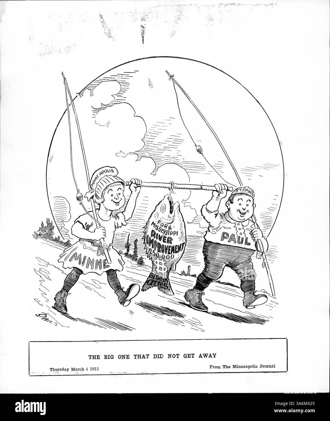 A symbolic image of Minneapolis and St. Paul carrying a fish on a pole ...