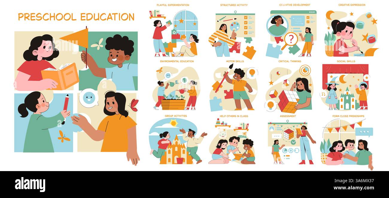 Preschool education illustration shows children engaged in various ...