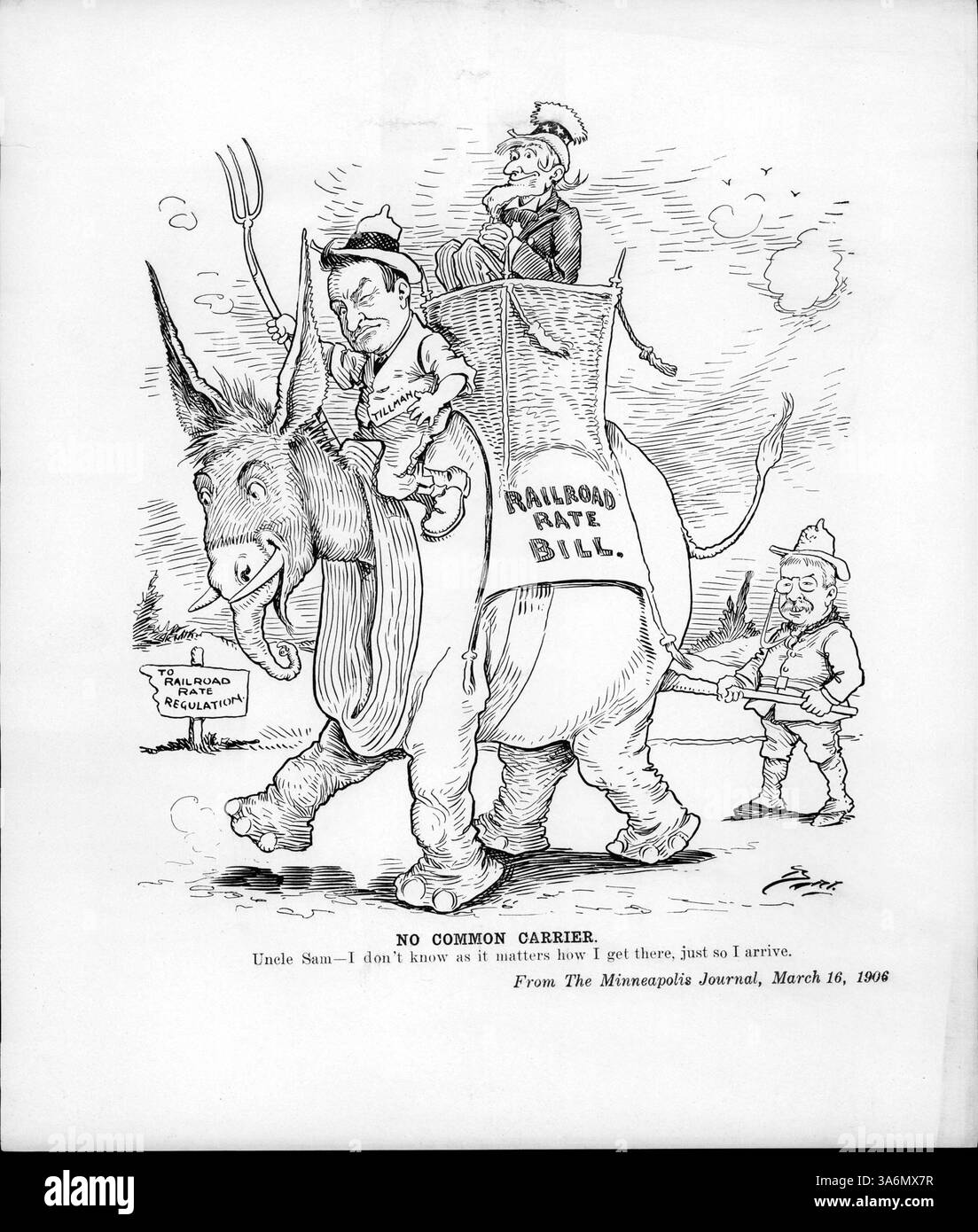 The political cartoon depicts Uncle Sam on a railroad with figures like ...