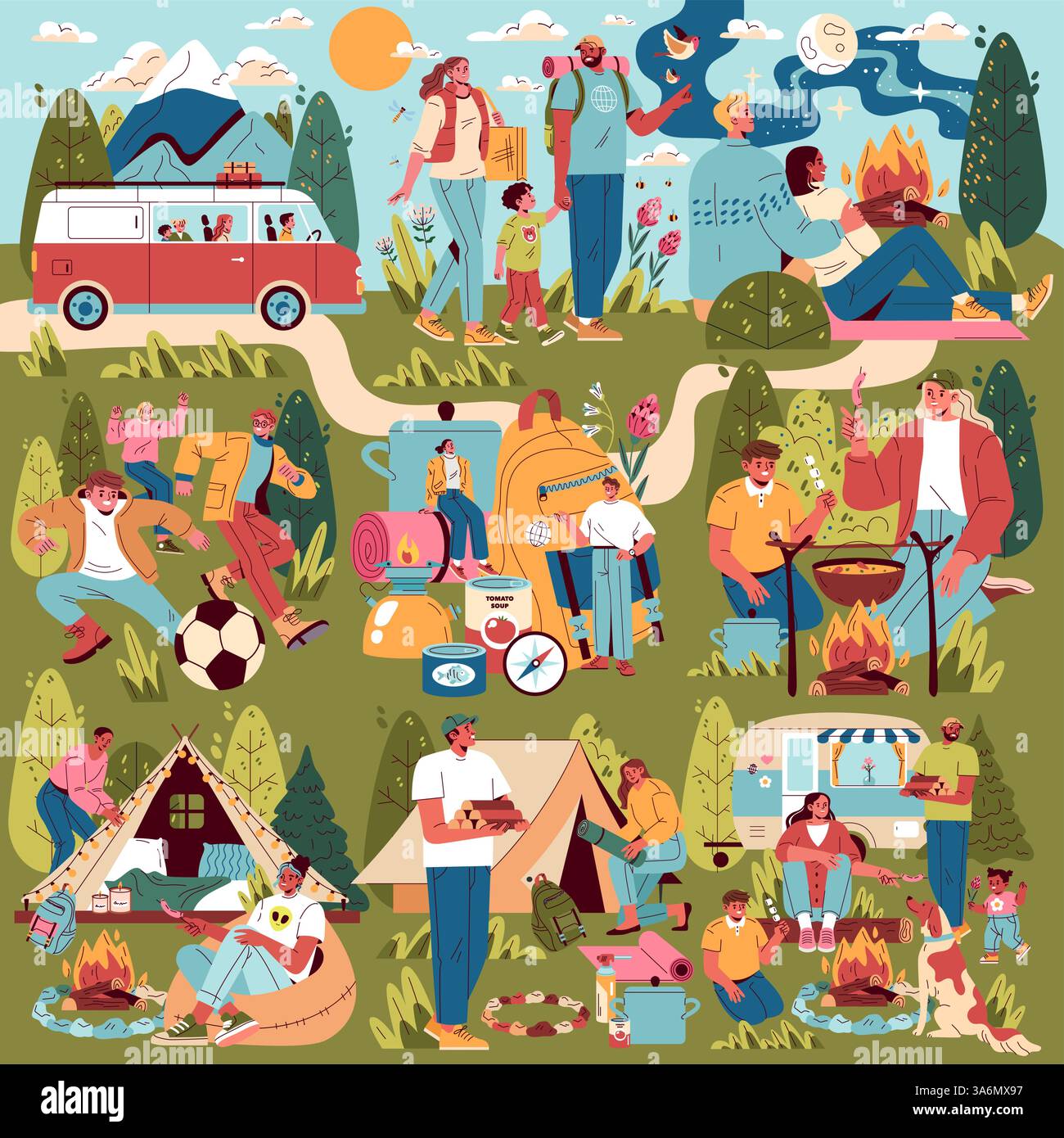 Family camping scene filled with activities like hiking, cooking, and ...