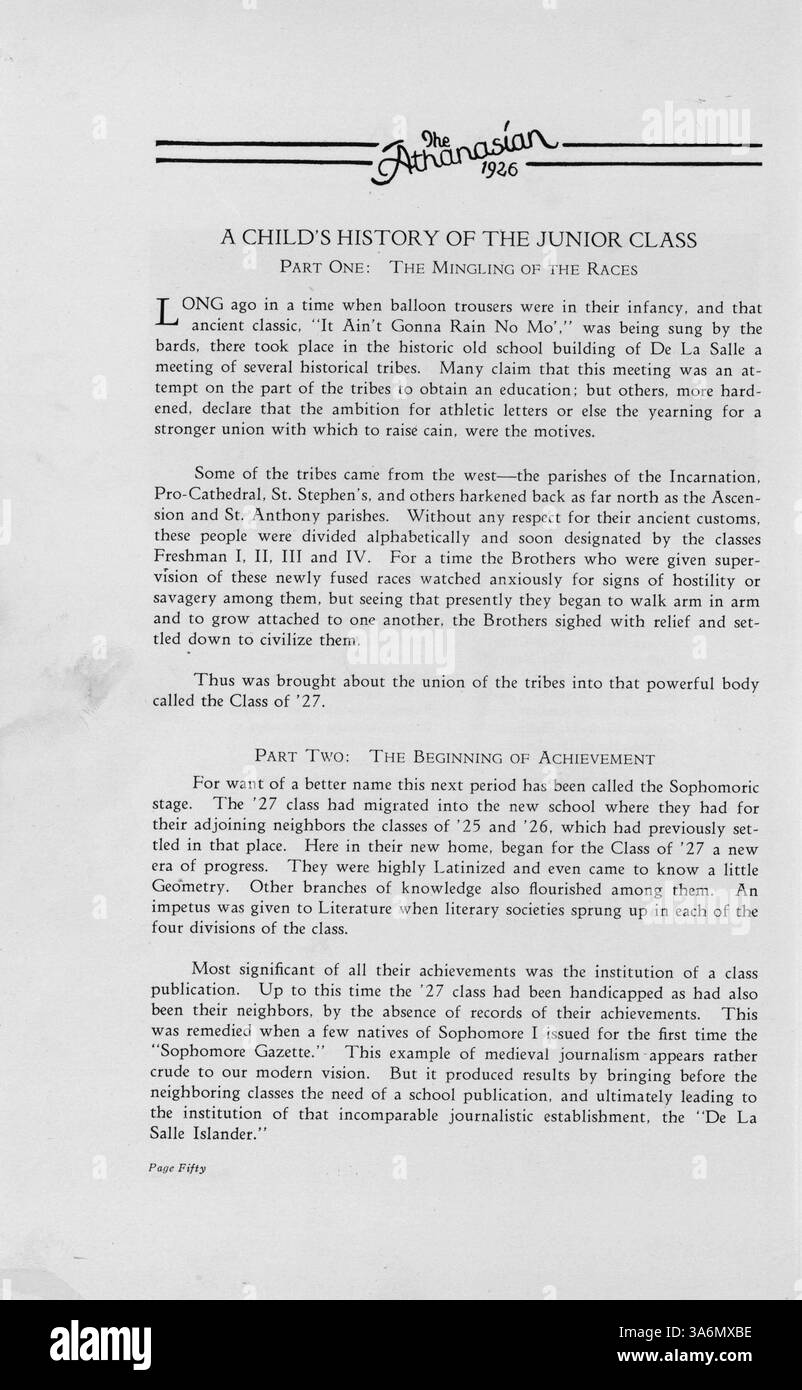 The 1926 edition of the De La Salle yearbook, Athanasian, reflects the ...