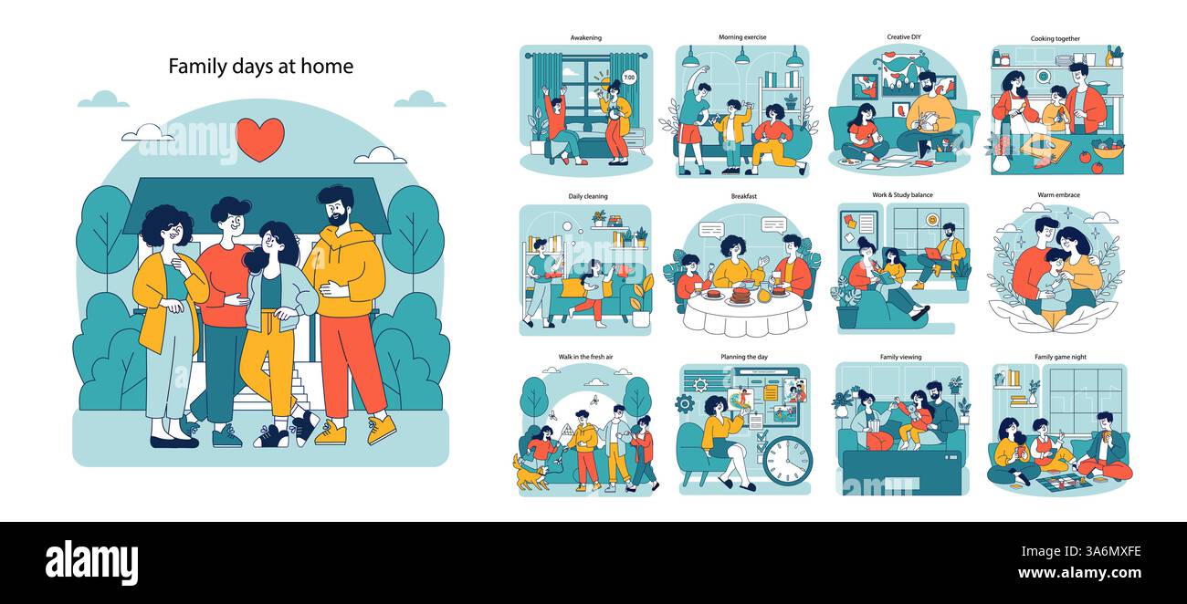 Cozy family life set. Everyday moments from morning routines to family ...