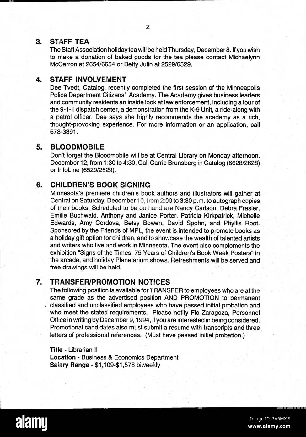 The Minneapolis Public Library Official Bulletin 1994 was a staff ...