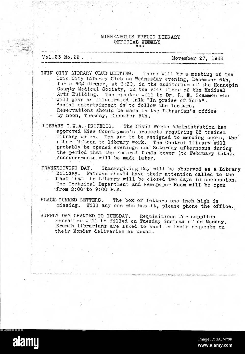 This 1933 bulletin for employees of the Minneapolis Public Library ...