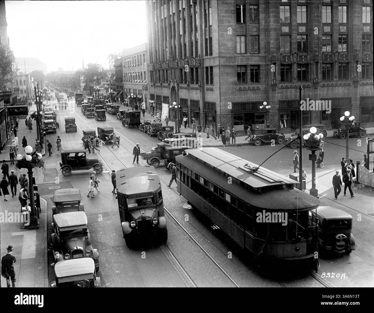 This historical street scene shows downtown Minneapolis looking south ...