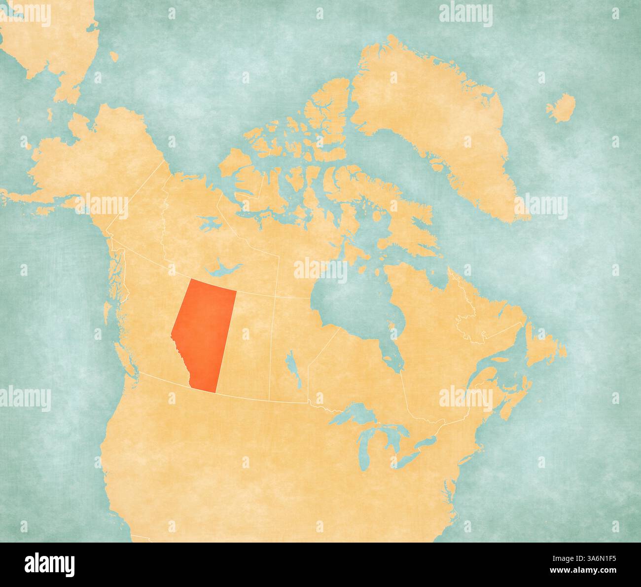 Alberta on the map of Canada in soft grunge and vintage style, like old ...